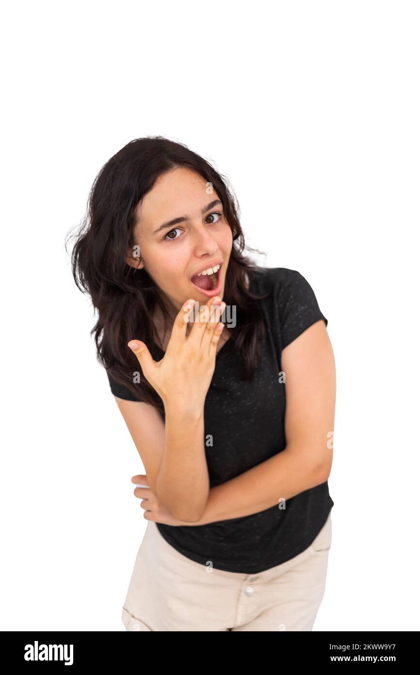 Surprised and shocked girl isolated on white background. Emotional ...
