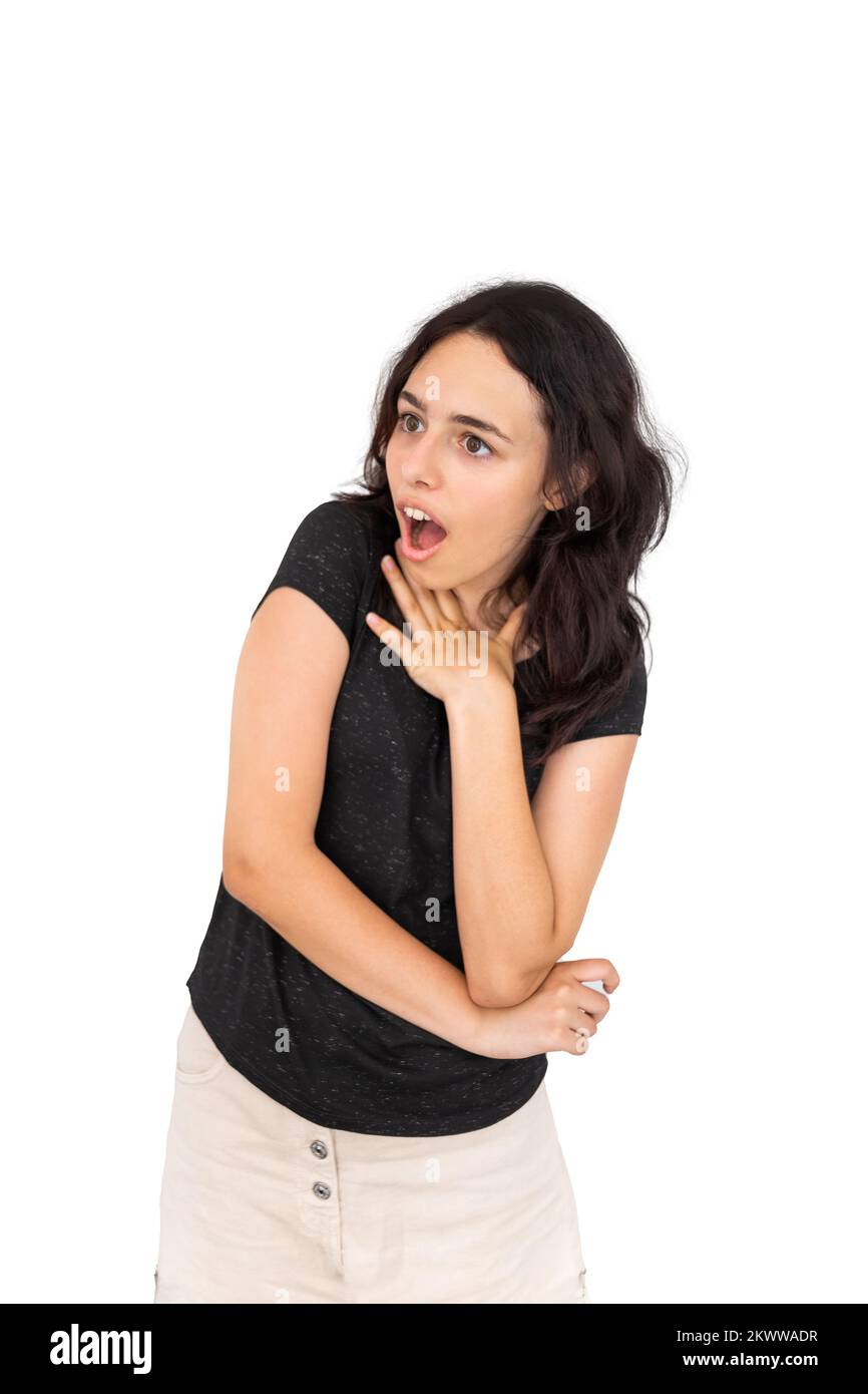 Surprised and shocked girl isolated on white background. Emotional ...