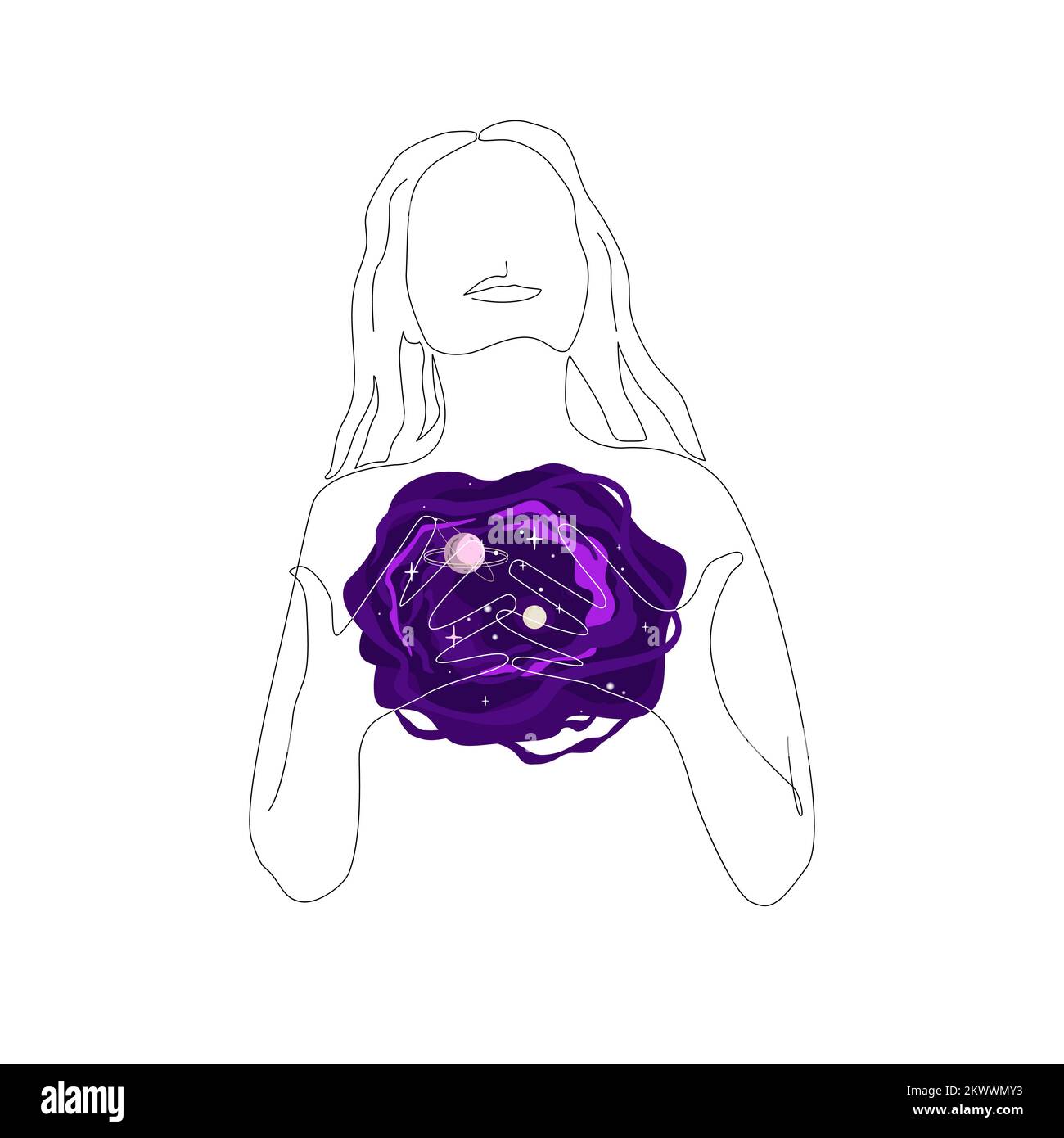 Silhouette of a woman with an outer space in her chest. A state of ...
