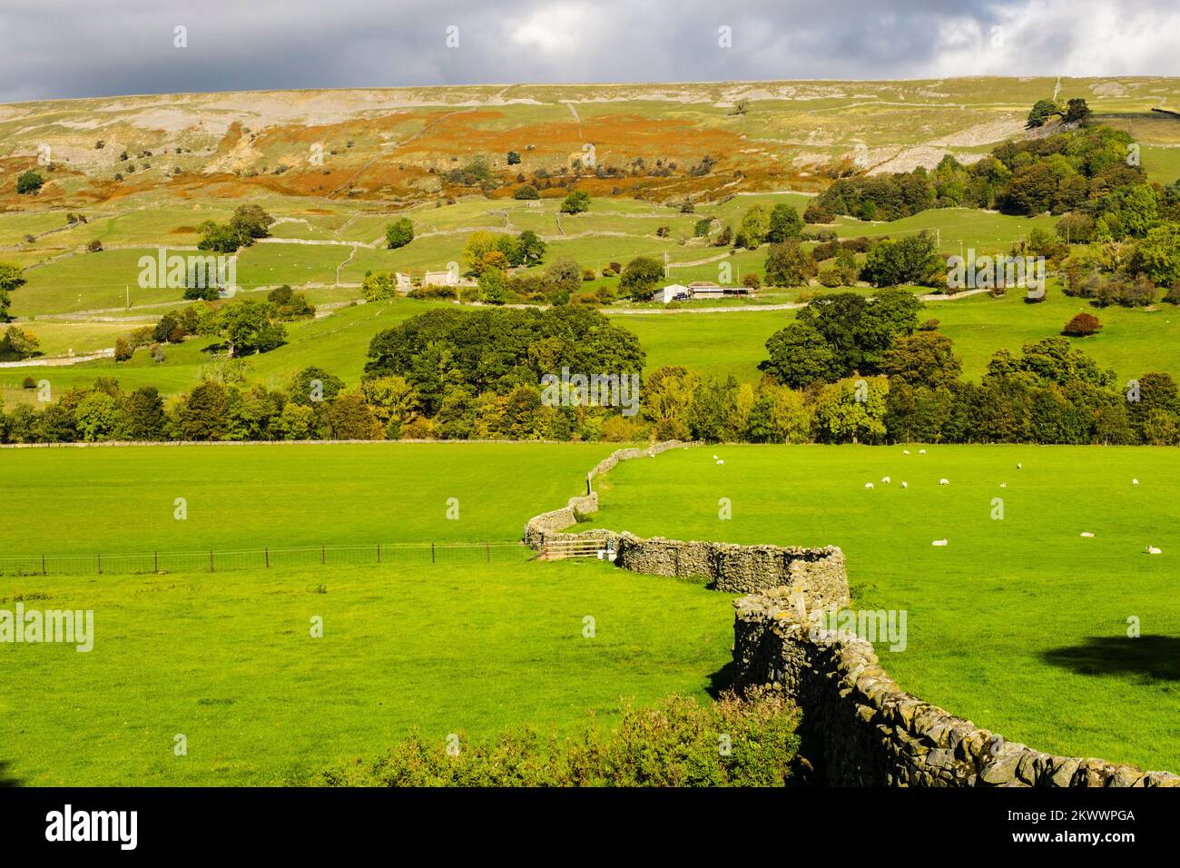 English countryside below an escarpment in Yorkshire Dales National ...