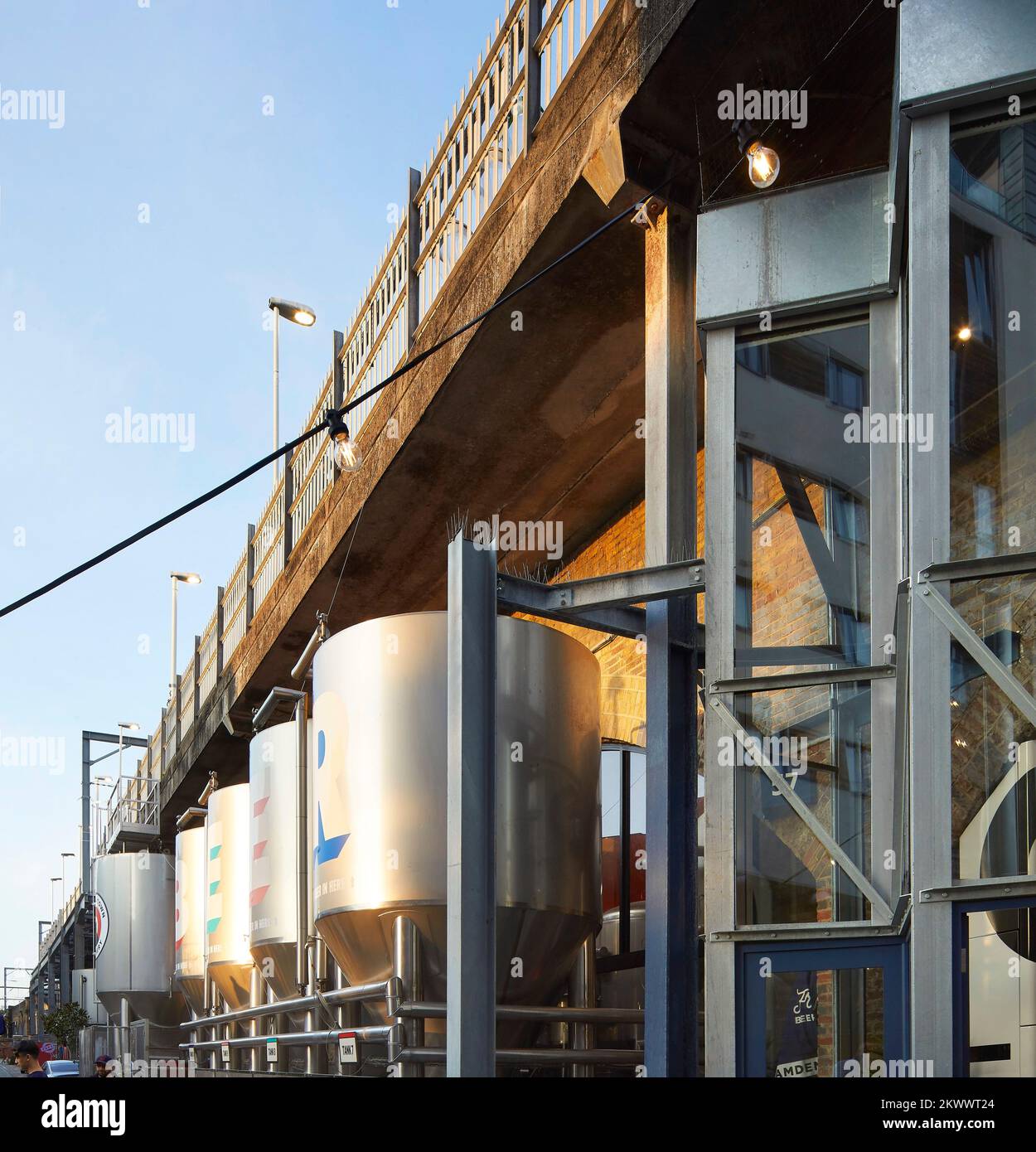Exterior facade - detail with beer tanks. Camden Town Beer Hall, London ...