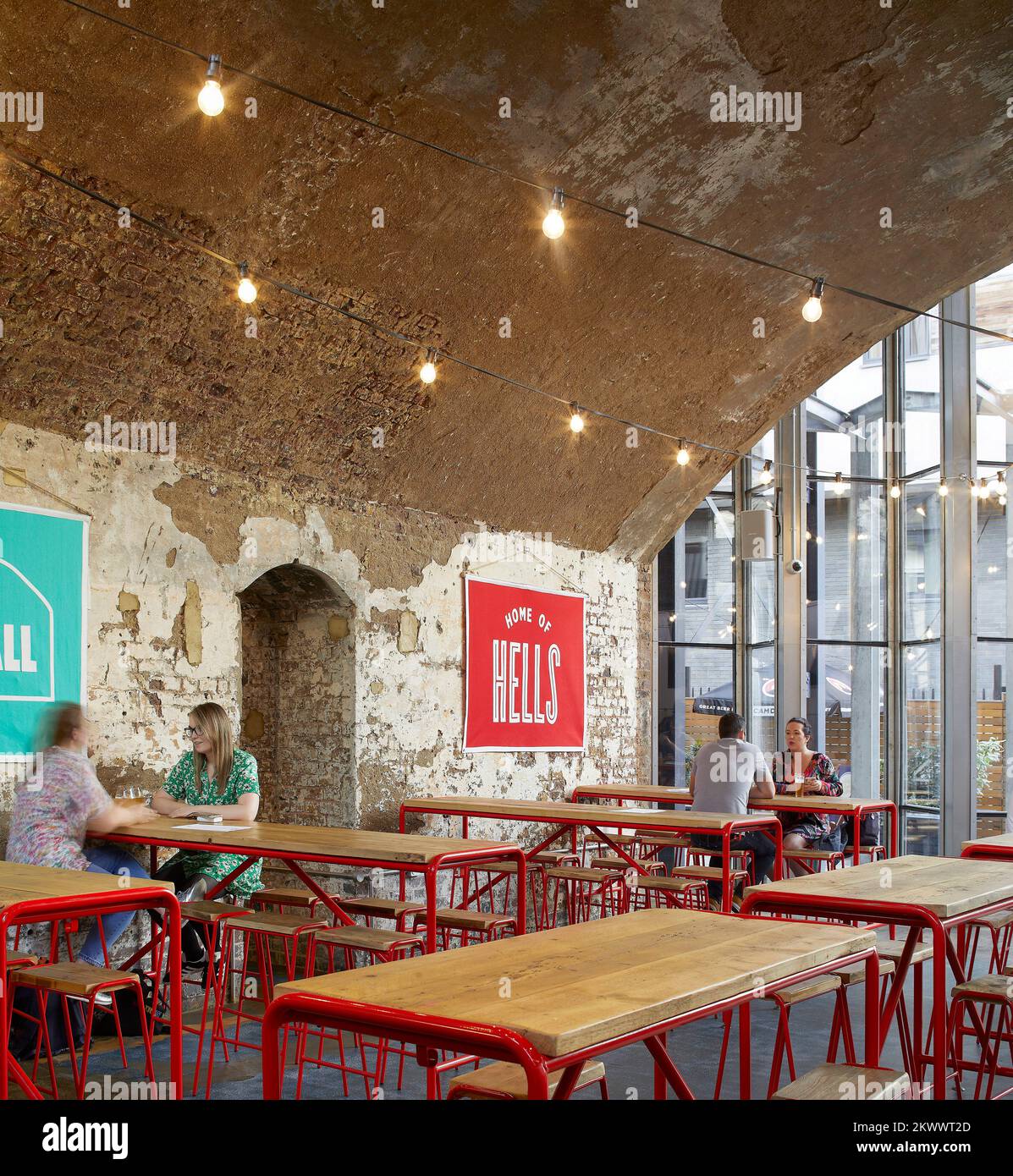 Inside of vaulted beer hall, view through to mews. Camden Town Beer ...