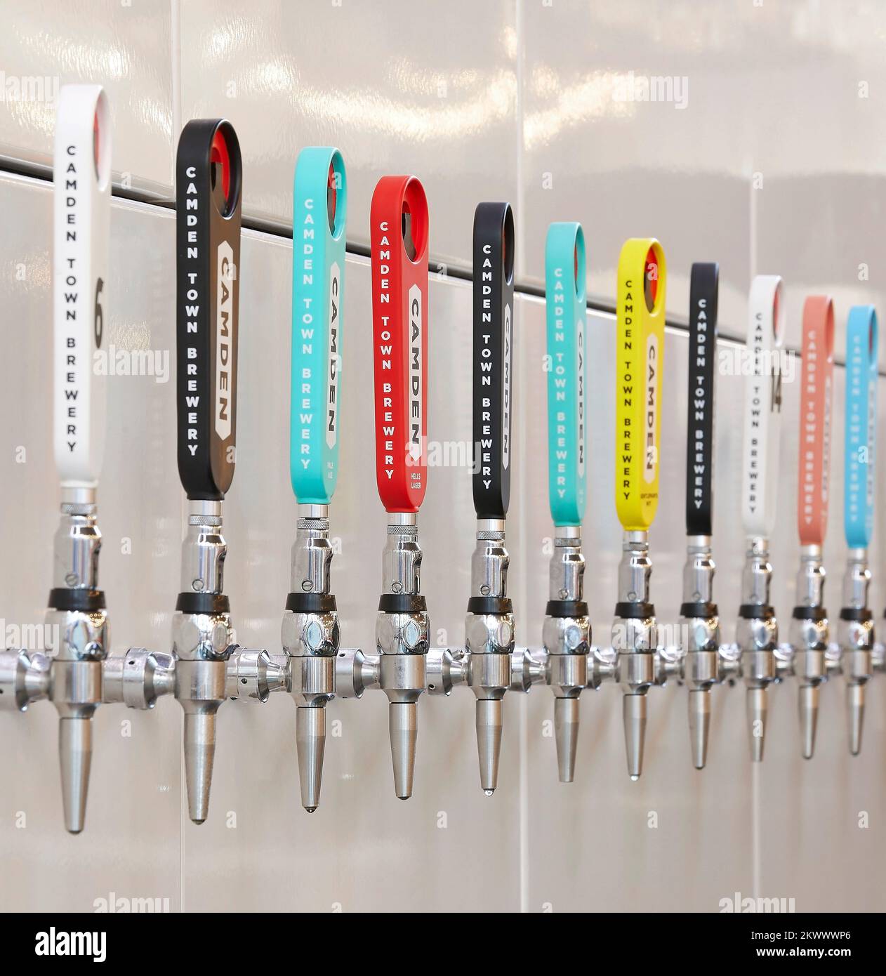 Beer tap graphics. Camden Town Beer Hall, London, United Kingdom ...
