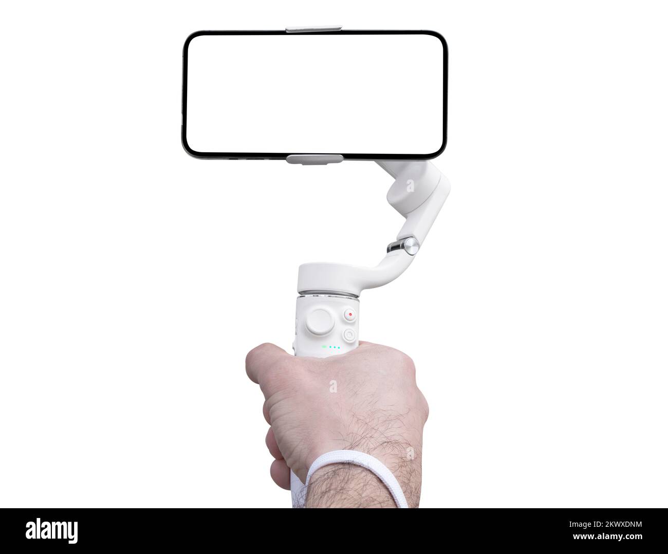 Electronic stabilizer for smartphone in human hand isolated on a white ...