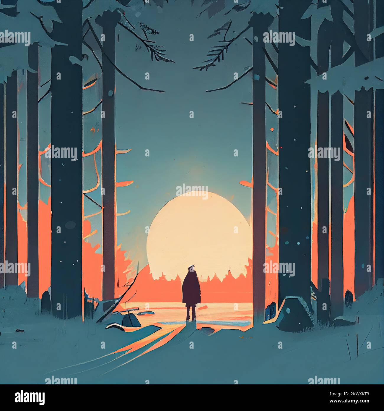 Winter solstice concept as woodblock style art illustration. A person ...