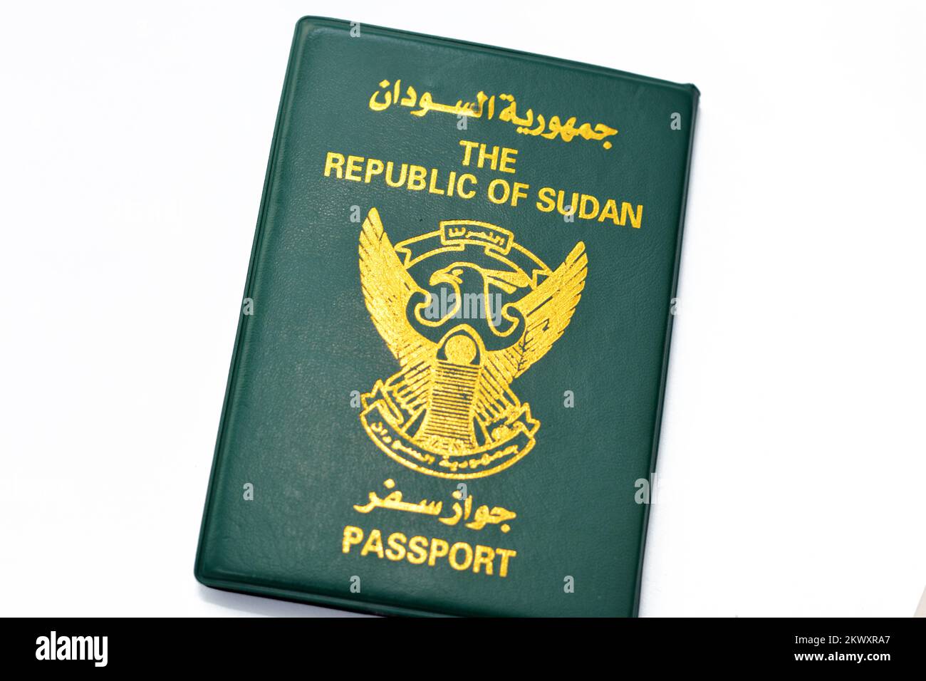 The Republic of Sudan passport with a gilded falcon in the center of ...
