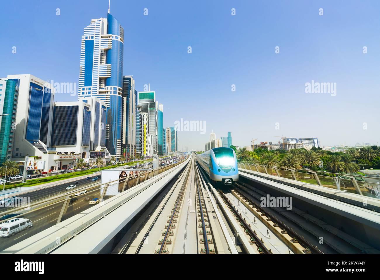DUBAI - OCT 15: view frorm the Dubai metro car on October 15, 2014. The ...