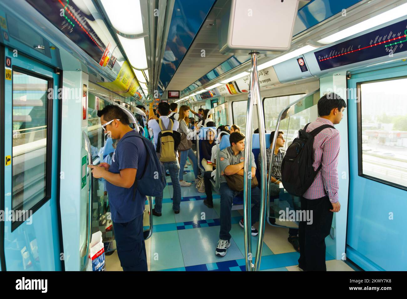 DUBAI - OCT 16: the Dubai metro car interior on October 16, 2014. The ...