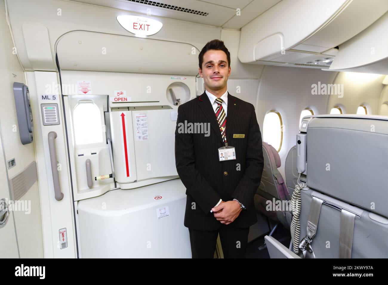 DUBAI - OCT 17: Emirates crew member in Airbus A380 aircraft on October ...
