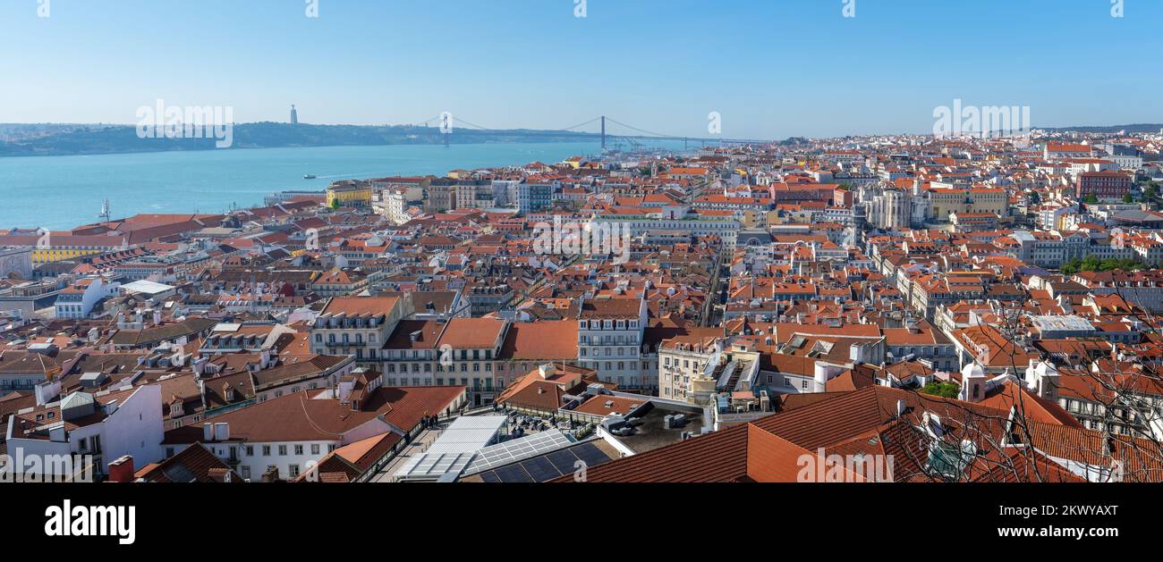 Panoramic aerial view of Lisbon city with Tagus River (Rio Tejo ...