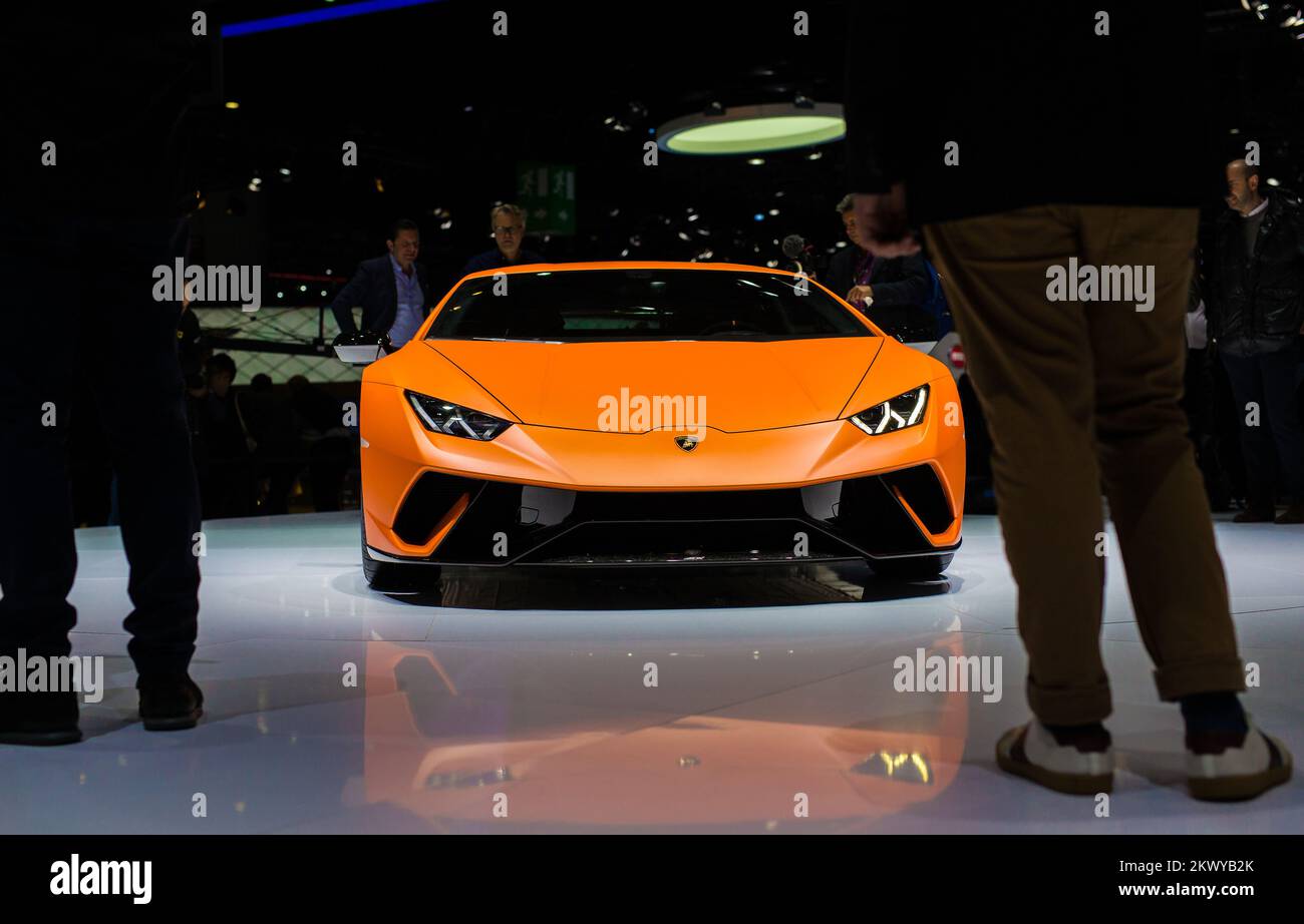 Lamborghini displaying their models at the Motor Show in Geneva ...
