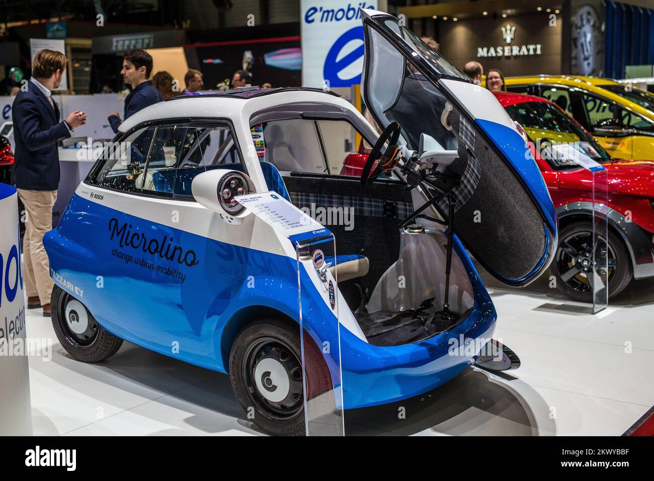Micro displaying electric model Microlino at the Motor Show in Geneva ...