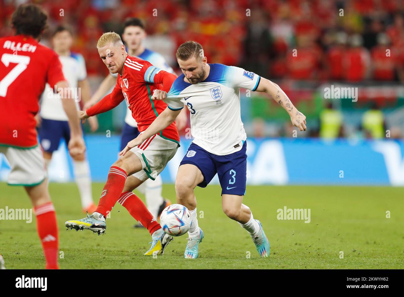 Al Rayyan, Qatar. 29th Nov, 2022. (L-R) Aaron Ramsey (WAL), Luke Shaw ...