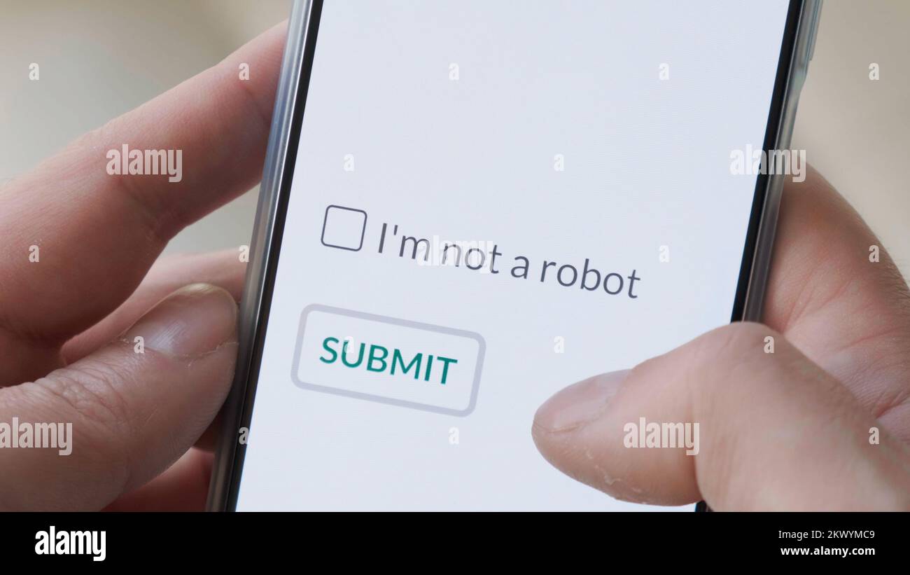 I m not a robot checkbox on phone screen with Submit button. Concept ...
