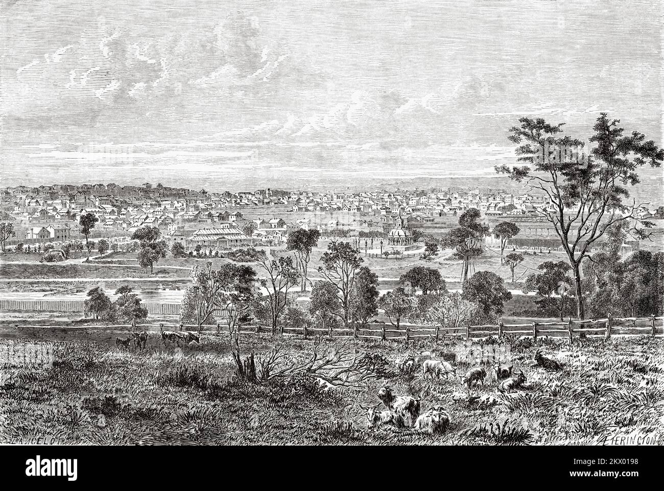 Old panoramic overview of Melbourne, Australian states of Victoria ...