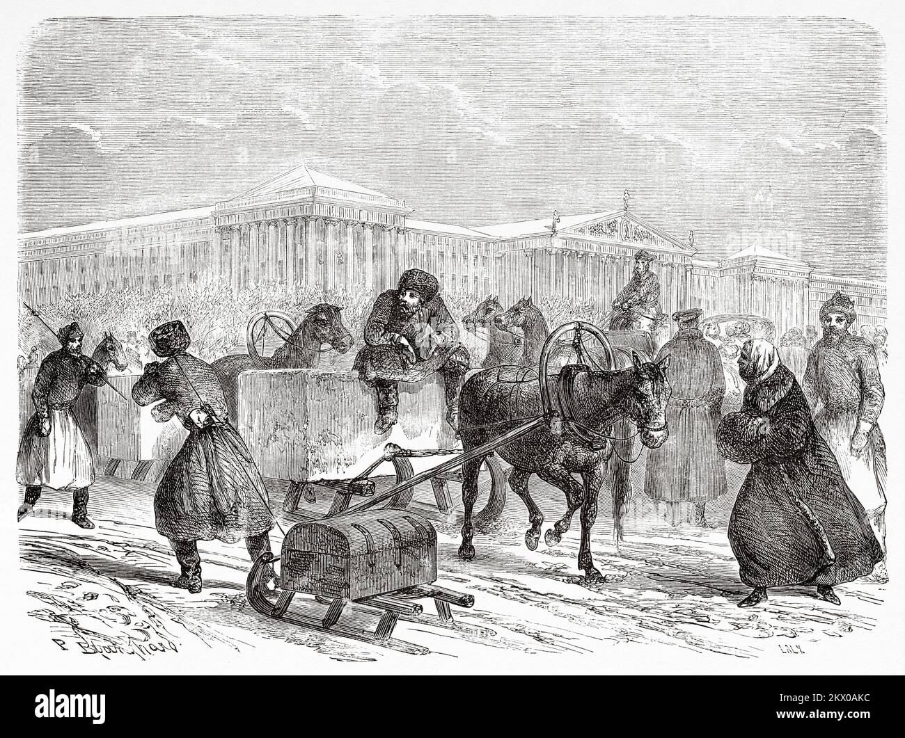 Transportation of ice on a sled through the streets of St Petersburg ...