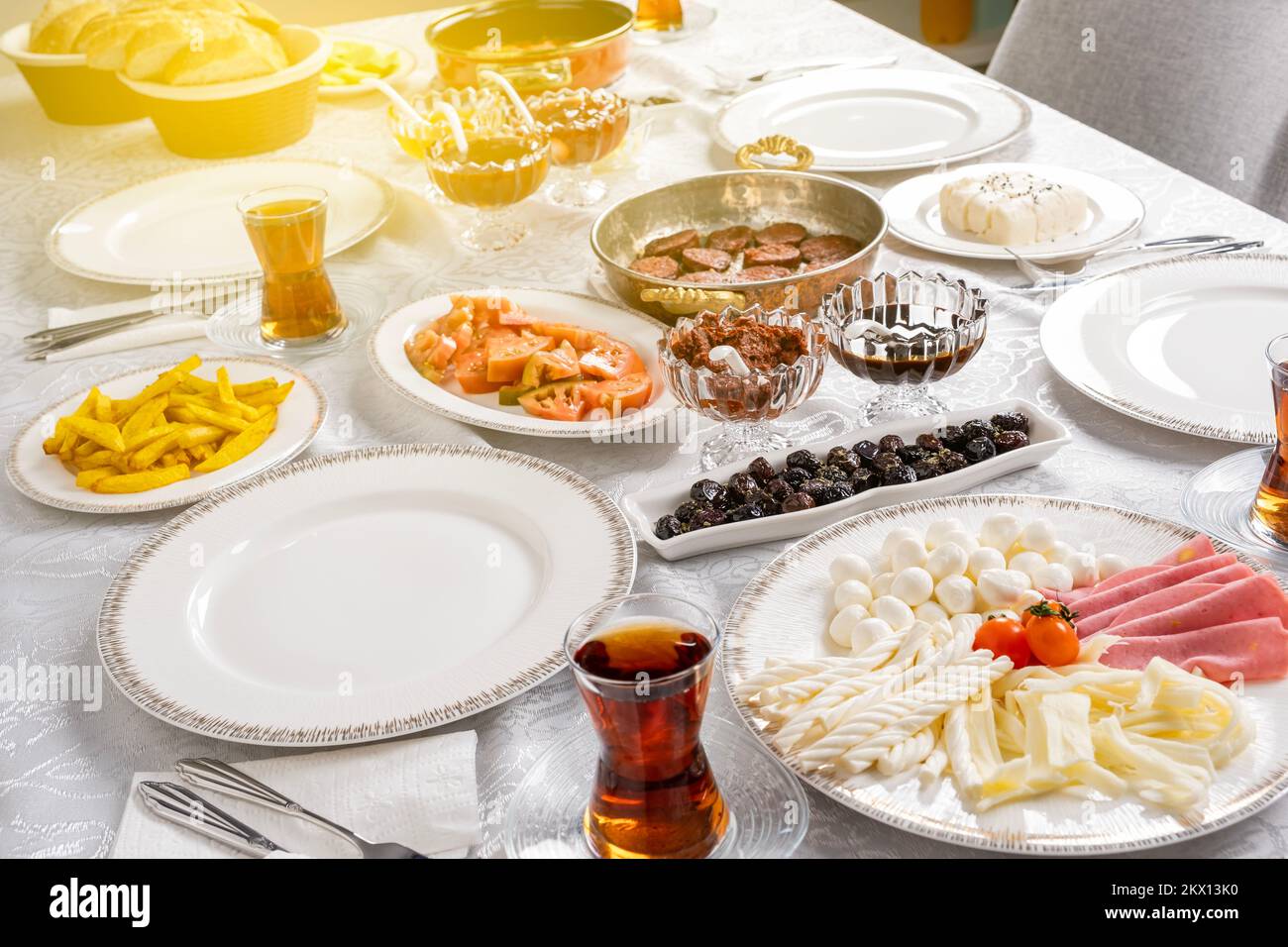Modern breakfast table at home. Morning sun light. Delicious start for ...