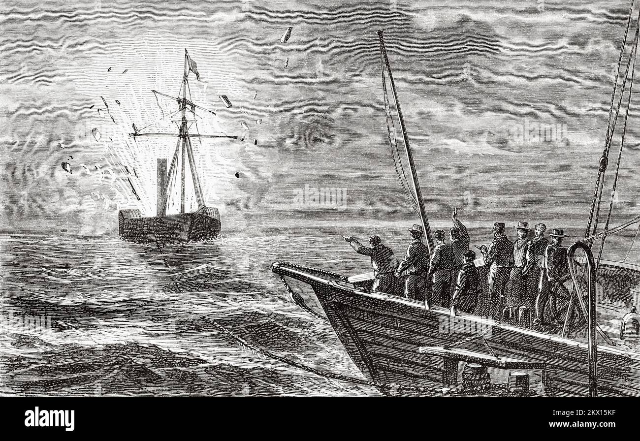 Ship on fire at sea, Brazil, South America. Journey of the French ...