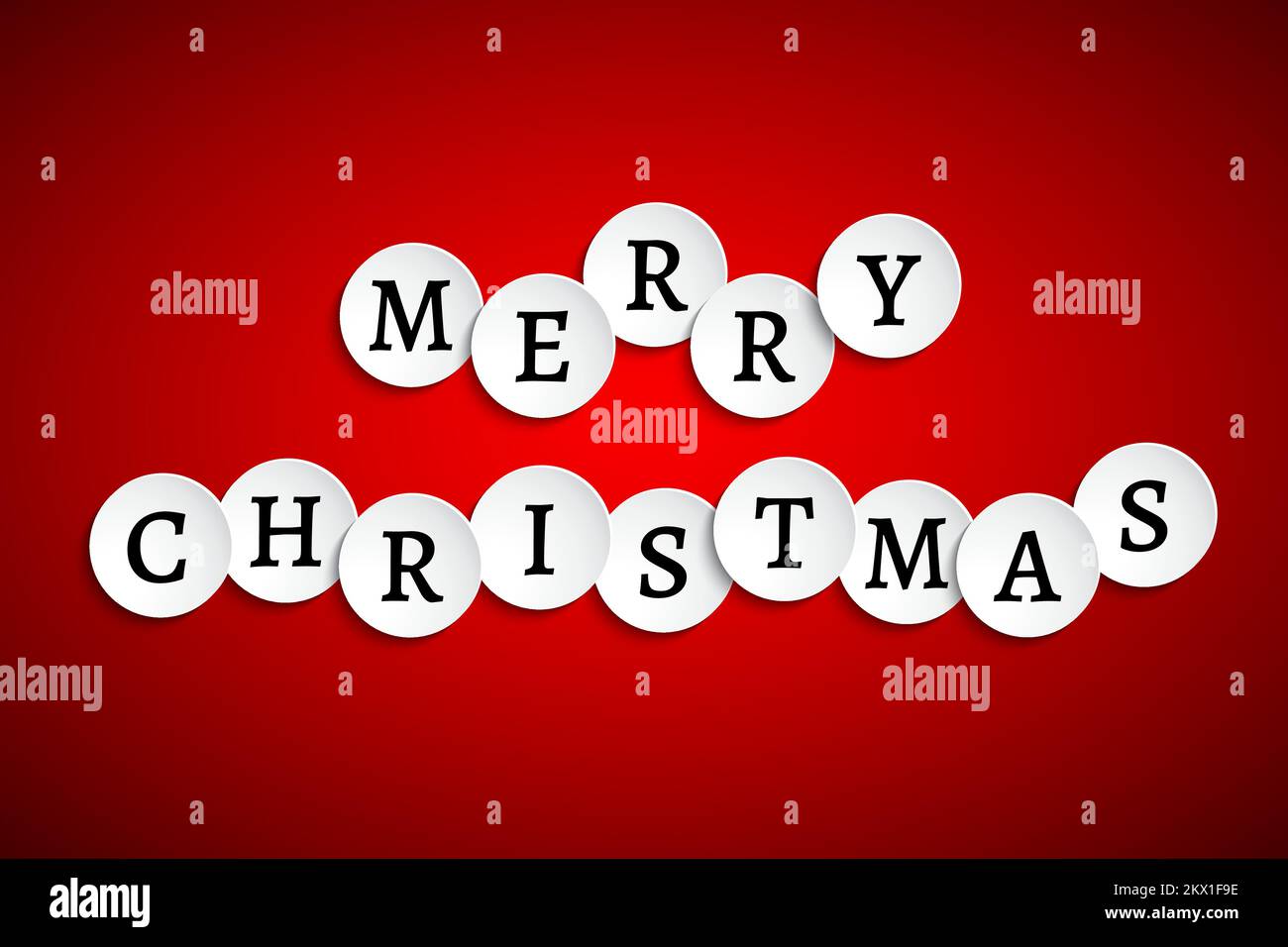 Merry Christmas. White paper circles with letters on red background ...