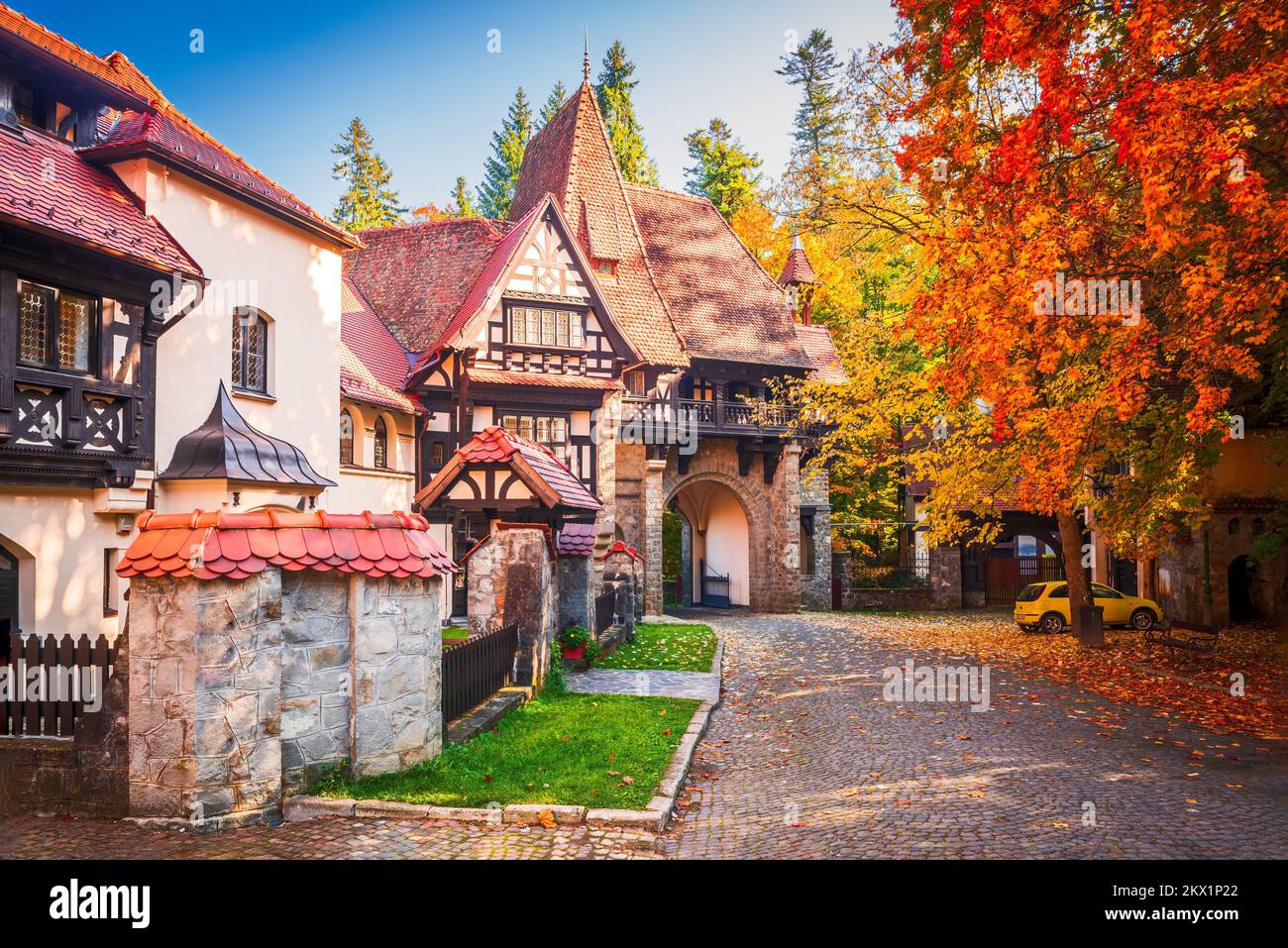 Sinaia, Romania. Typical architecture with german half-timebered ...