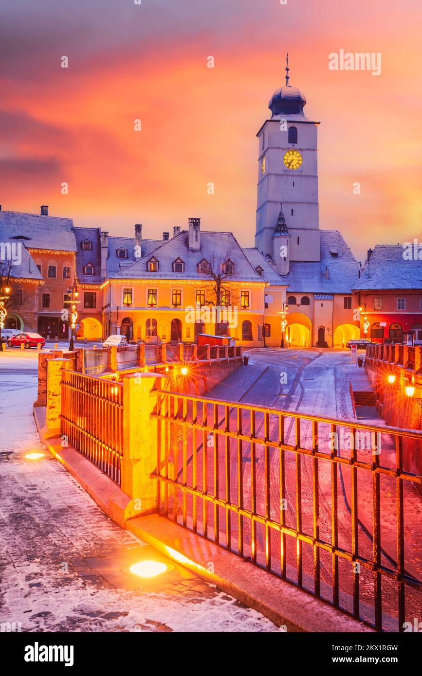 Sibiu, Romania. Council Tower and Lesser Square in charming city of ...
