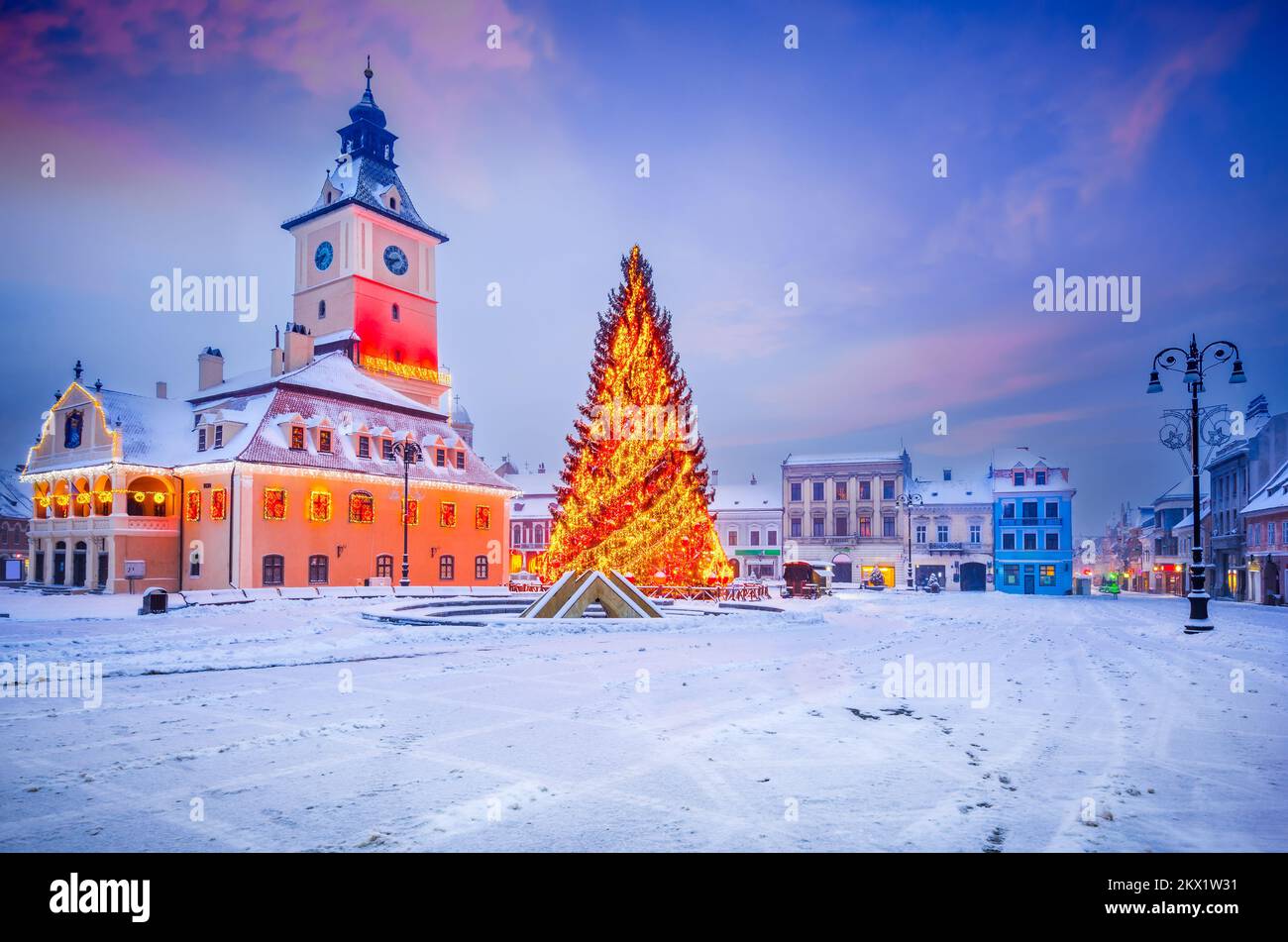 Brasov, Transylvania. Snowy winter frozen scene with Christmas Tree in ...