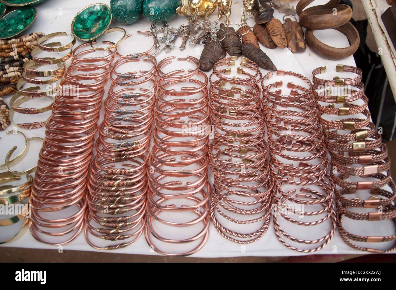 Copper bracelets, market stall, souvenir market, Lubumbashi, Katanga ...