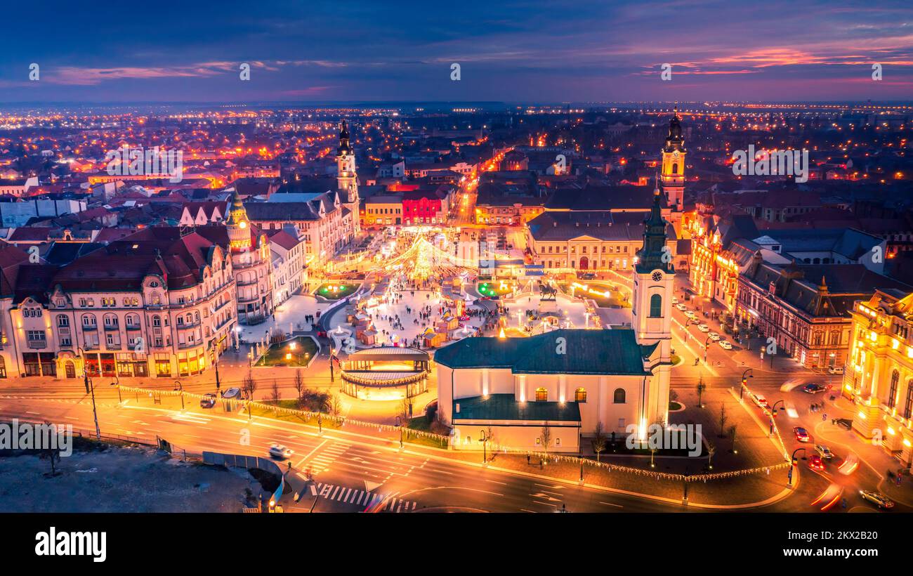 Oradea, Romania. Christmas Market aerial view in Union Square, travel ...