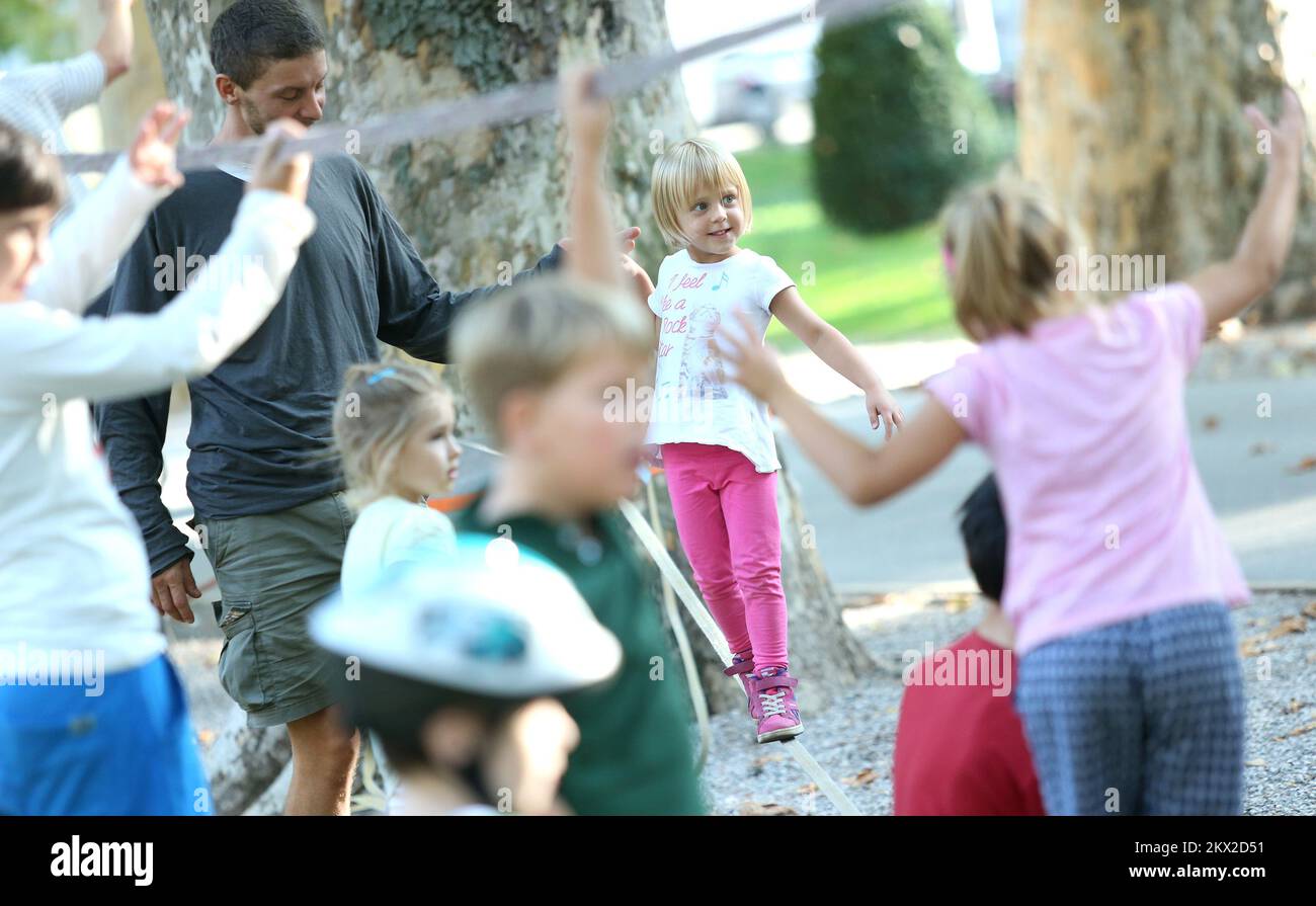 05.09.2017., Zagreb, Croatia - Slackline school in park Zrinjevac where ...