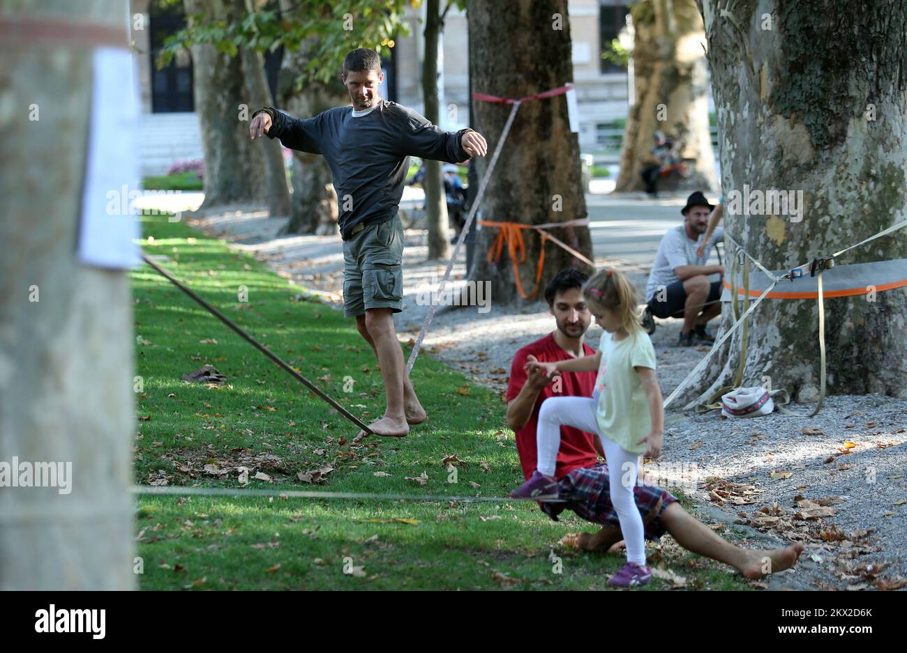 05.09.2017., Zagreb, Croatia - Slackline school in park Zrinjevac where ...