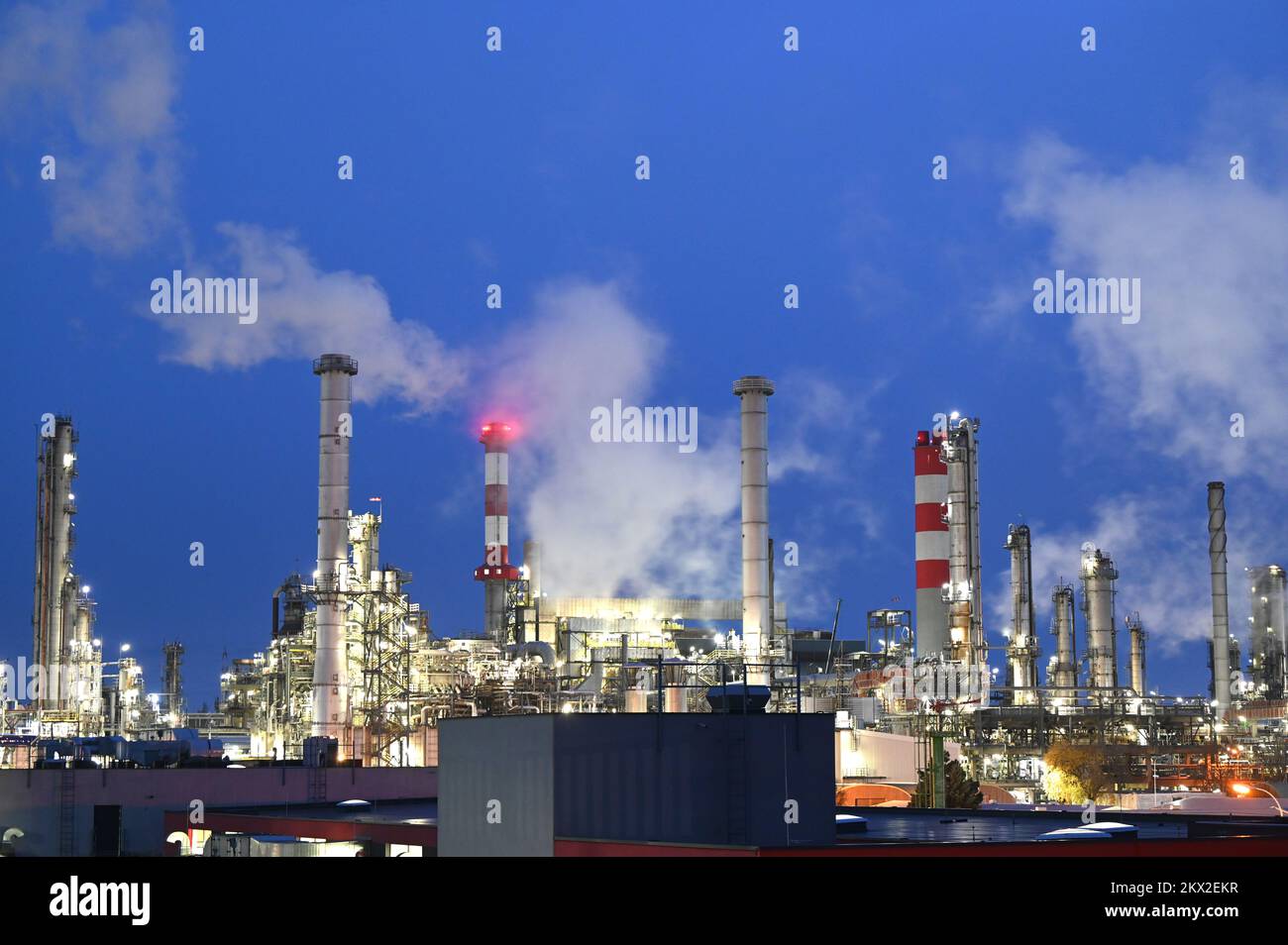 Illuminated OMV refinery in Schwechat, Lower Austria, at night Stock ...