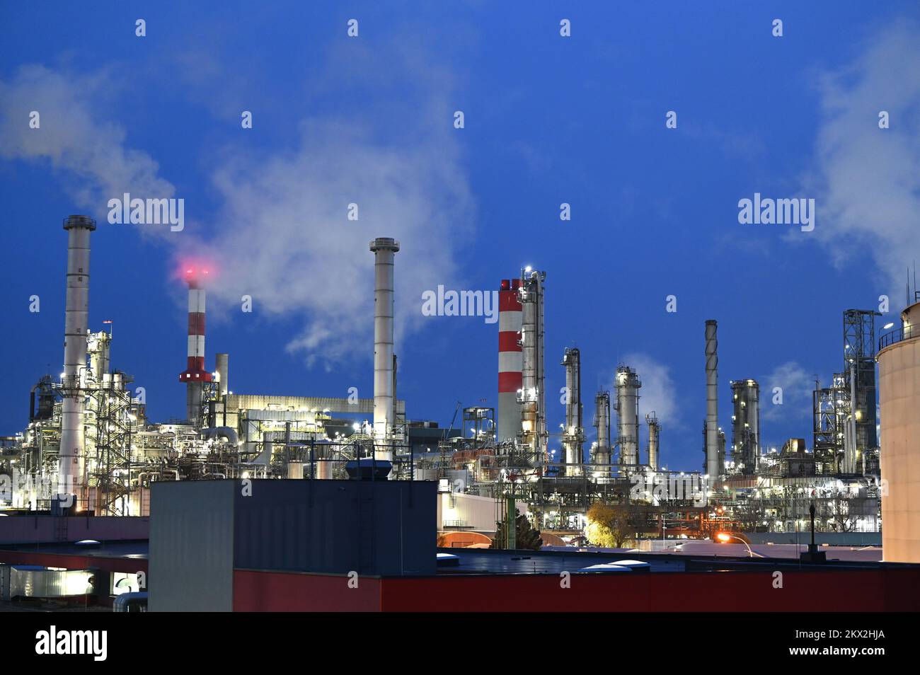 Illuminated OMV refinery in Schwechat, Lower Austria, at night Stock ...