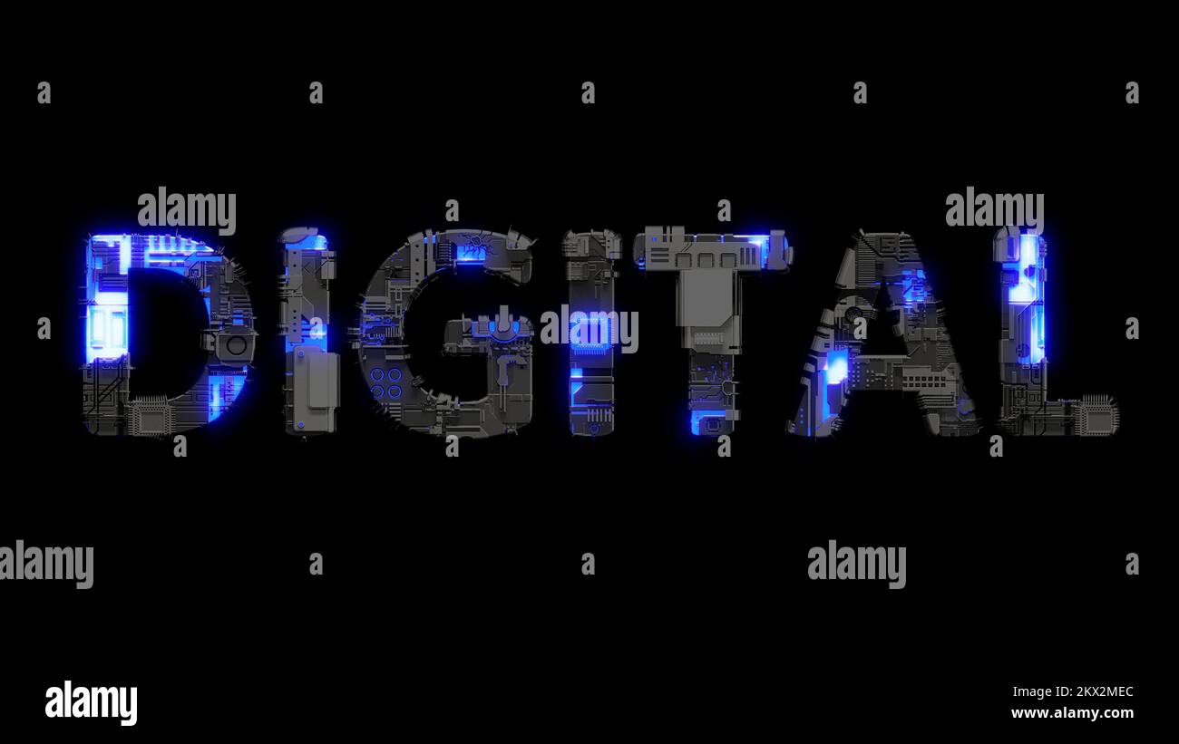 modern cybernetical text DIGITAL shining blue electrical light ...