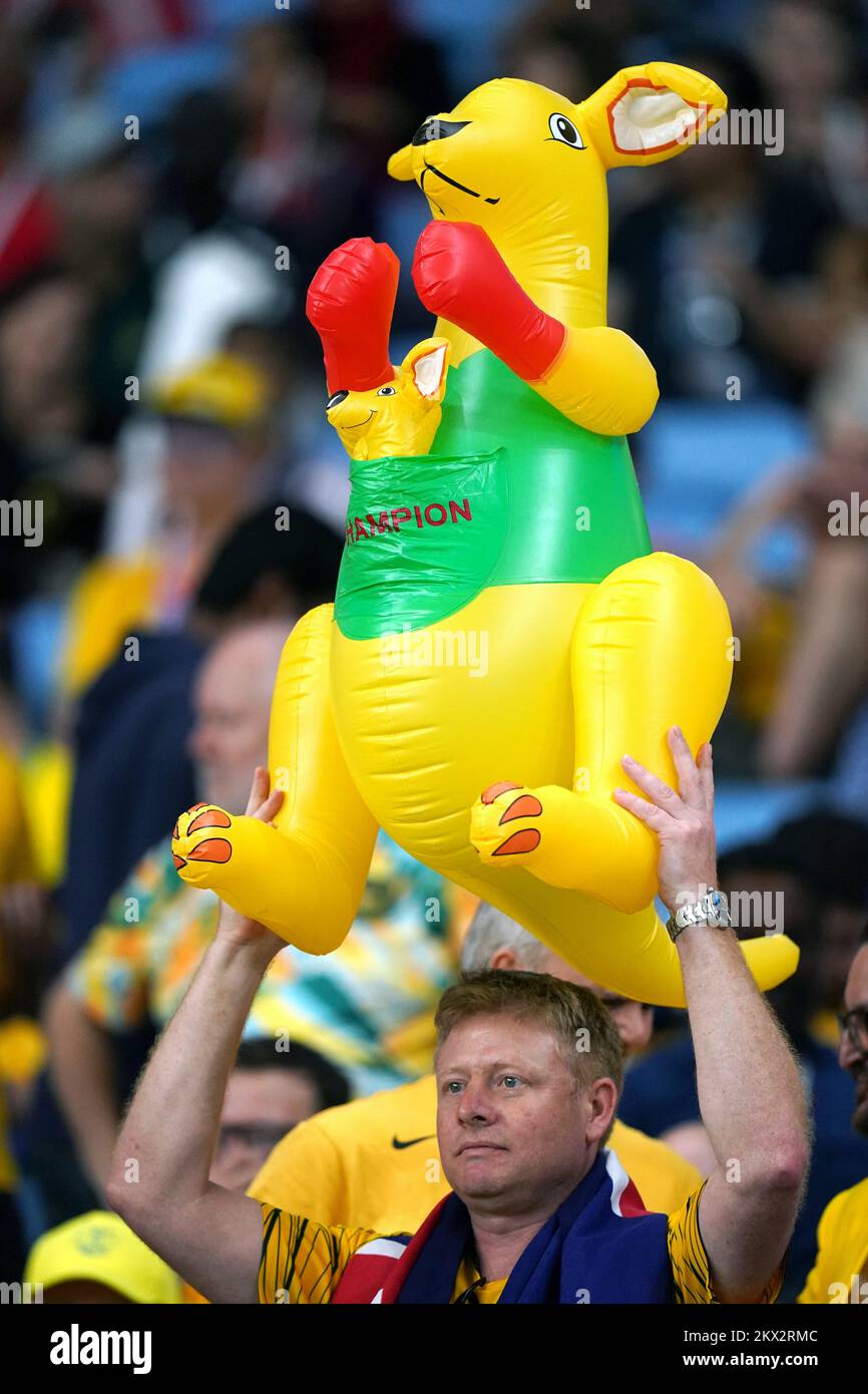 An Australia fan in the stands holding an inflatable kangaroo ahead of ...