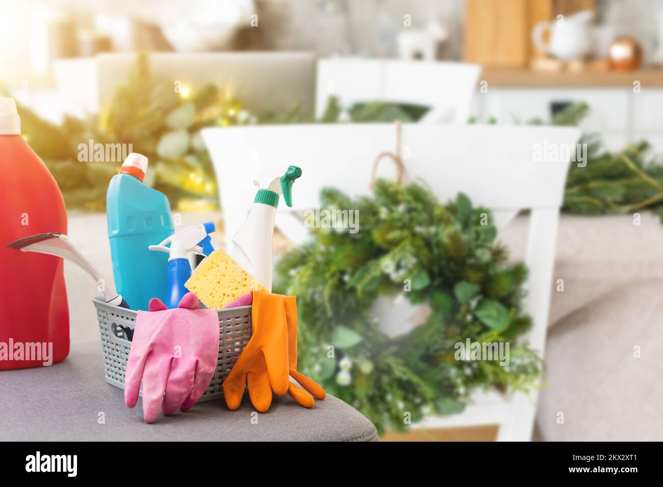 Cleaning before Christmas. Multicolored cleaning supplies. Sponges ...