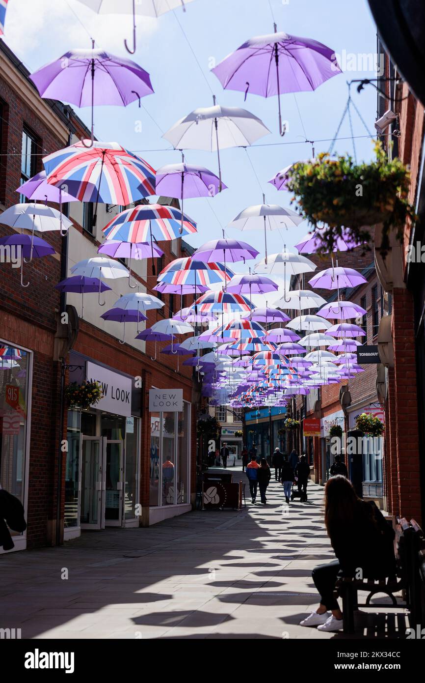 Durham UK: 7th June 2022: Durham's Umbrella Street Union Jack Flag ...