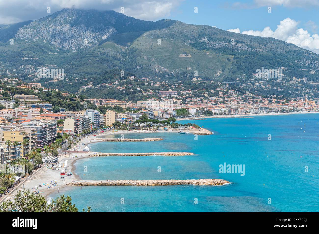 Menton, France - 07-07-2021: Aerial view of Menton with beautiful blue ...