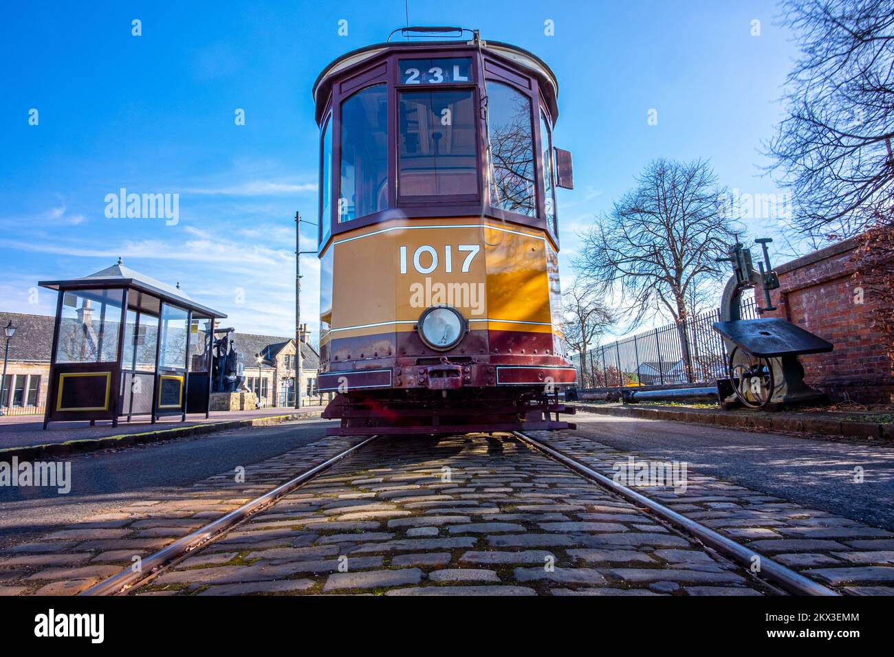 Old fashioned Tram Car on tracks in Summerlee Heritage museum ...