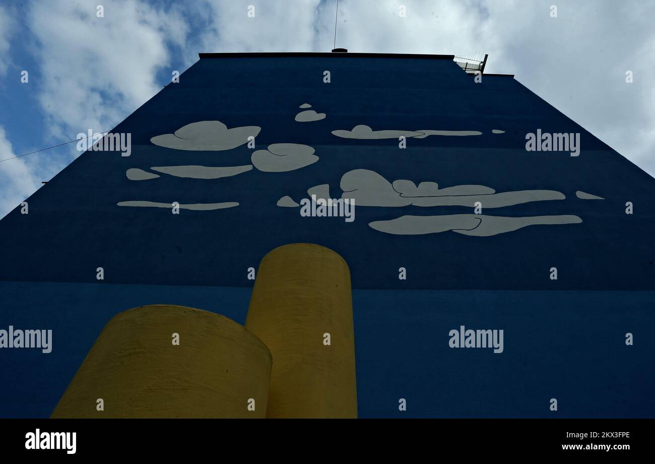 23.11.2017., Zagreb, Croatia - Mural Blue cloudy sky, painted by the ...
