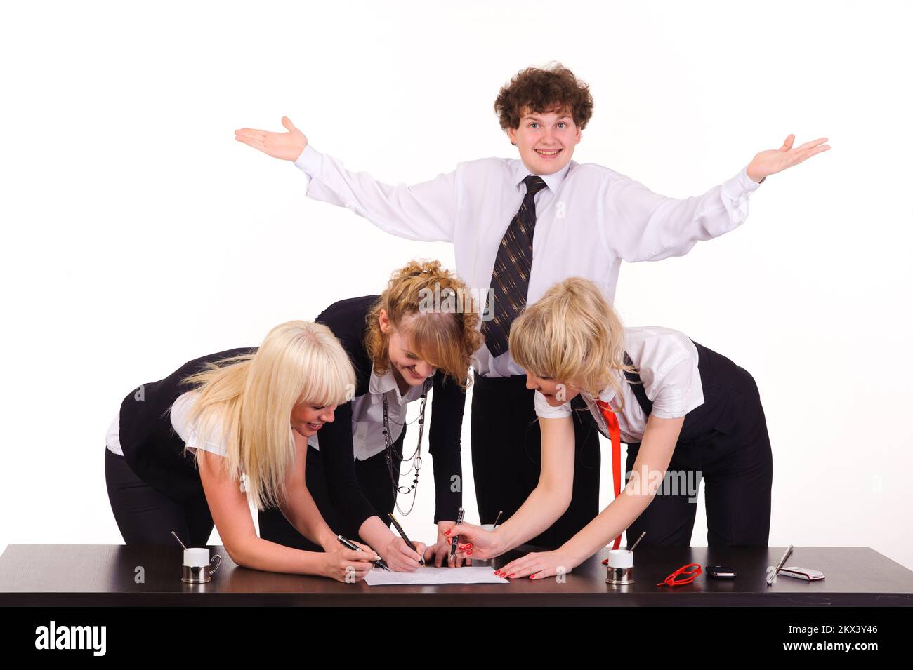 business team and dull man working together at office, isolated on ...