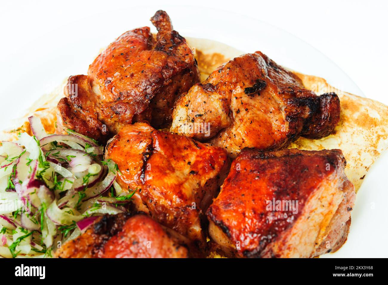 close up shot of restaurant food isolated on white background Stock ...