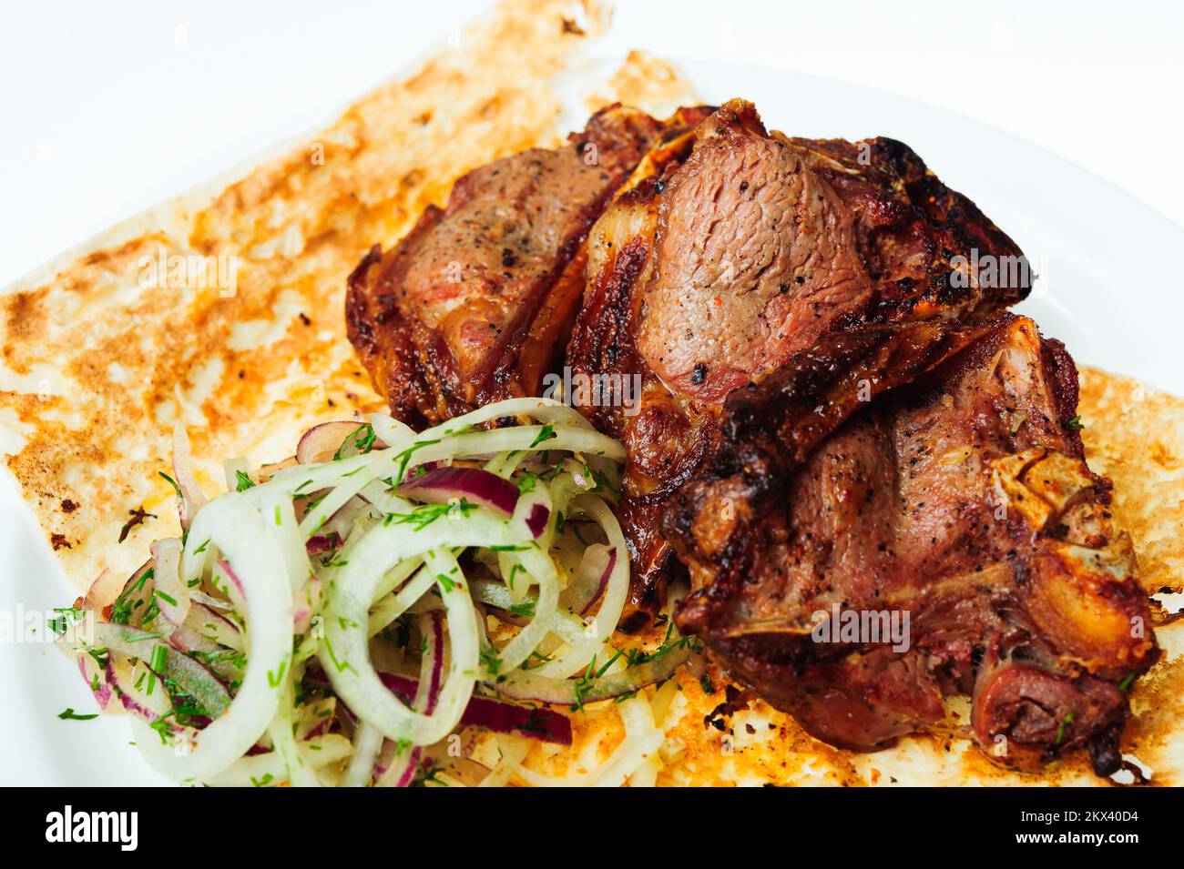 close up shot of restaurant food isolated on white background Stock ...