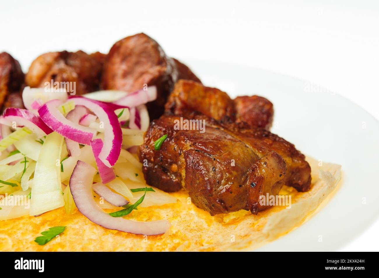 close up shot of restaurant food isolated on white background Stock ...