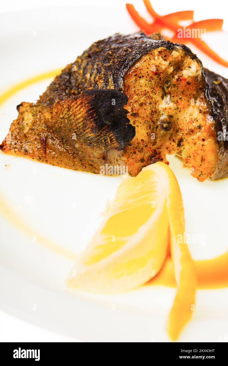 close up shot of restaurant food isolated on white background Stock ...