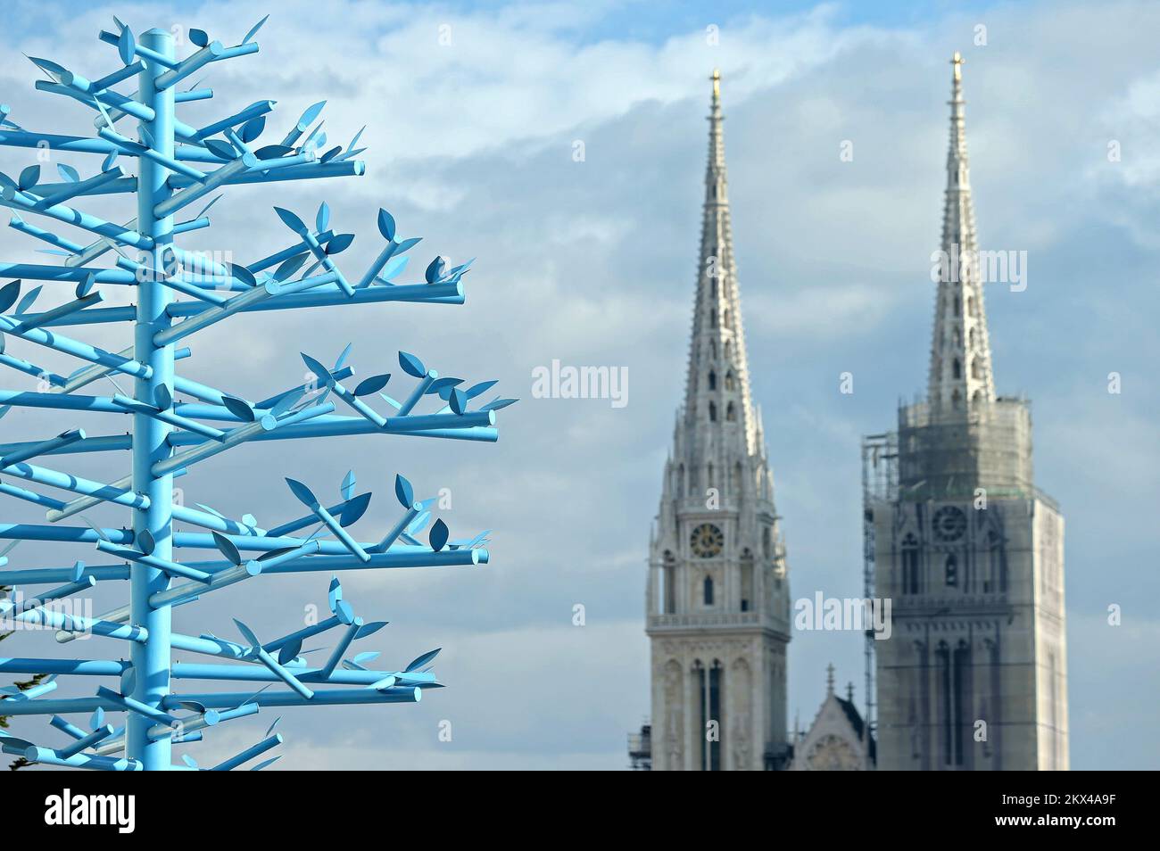 16.01.2018., Zagreb, Croatia - Sculpture The Blue Tree of the author Vasko Lipovac, currently ...