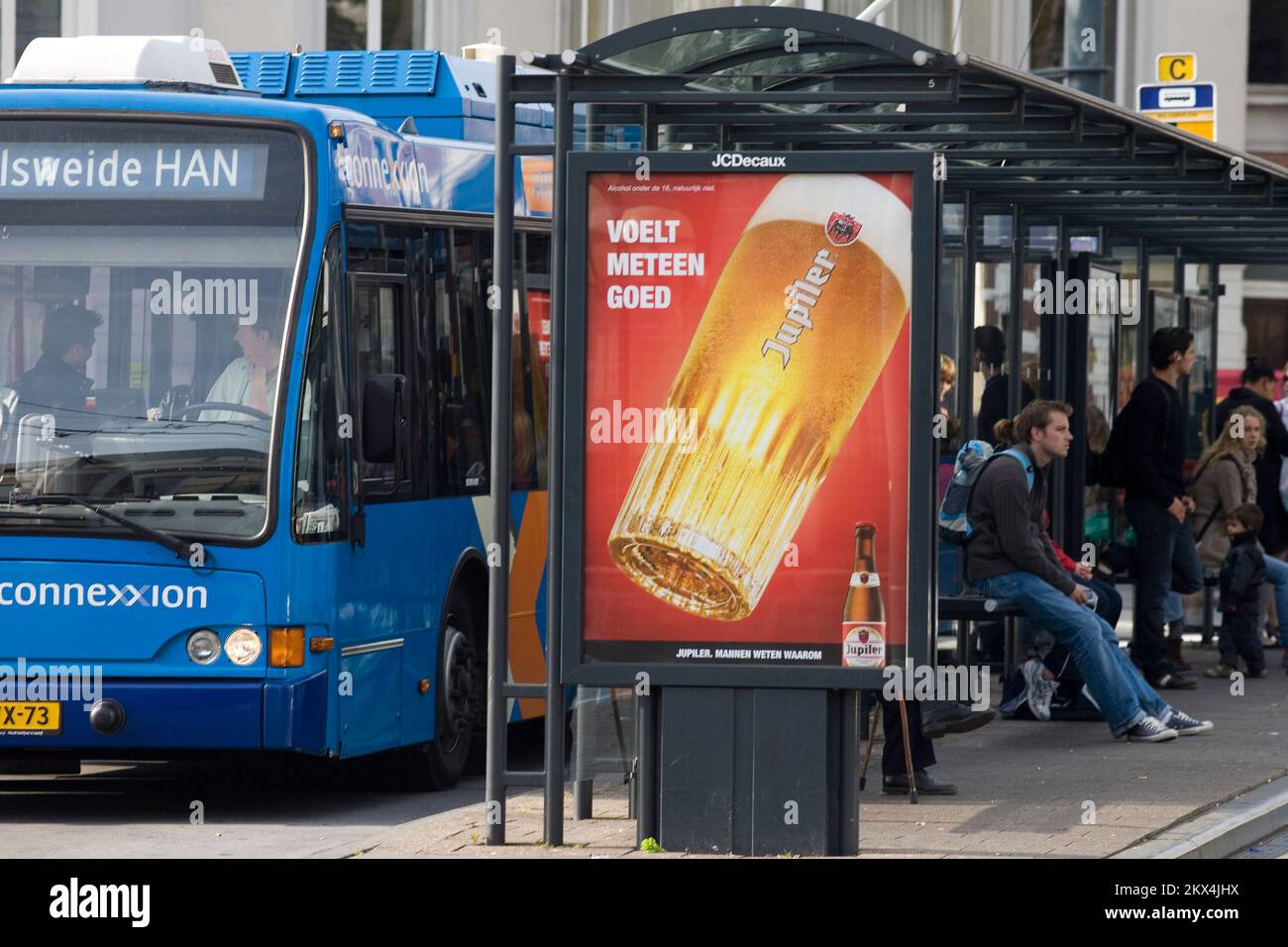 Netherlands, a bus stop, also called abri in Dutch, with a beer ...