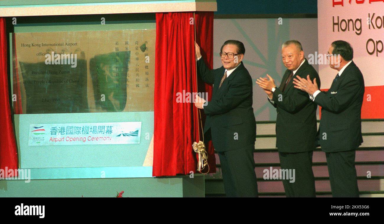 HON KONG INTERNATIONAL AIRPORT OPENING CEREMONY AT CHEK LAP KOK. ----L TO R: Jiang Zemin, Tung ...