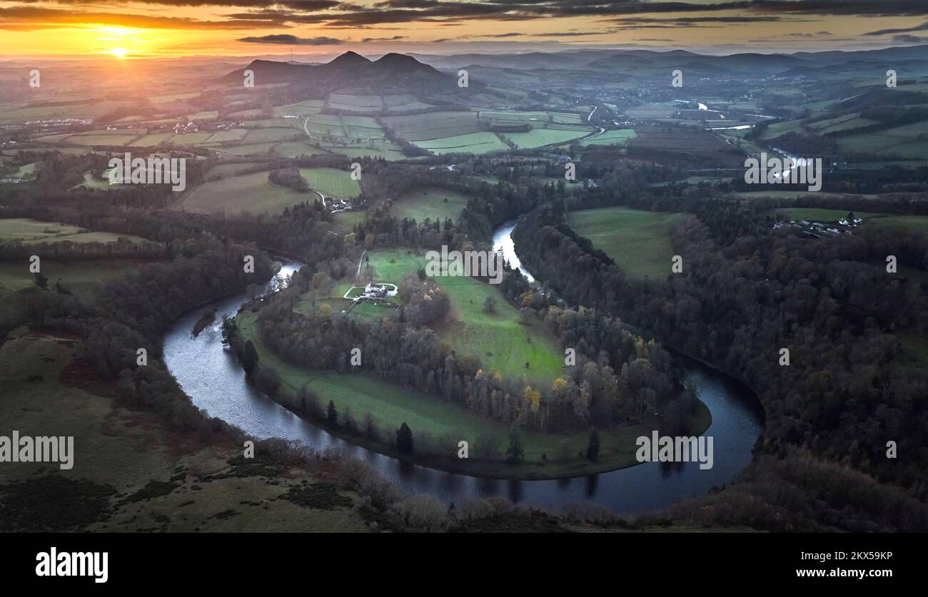 Aerial view of the sunset by The Eildons on a crisp November evening in ...