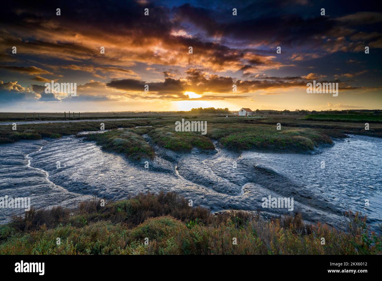 Thornham Old Harbour and marshes at sunrise, Thornham, Norfolk, England ...