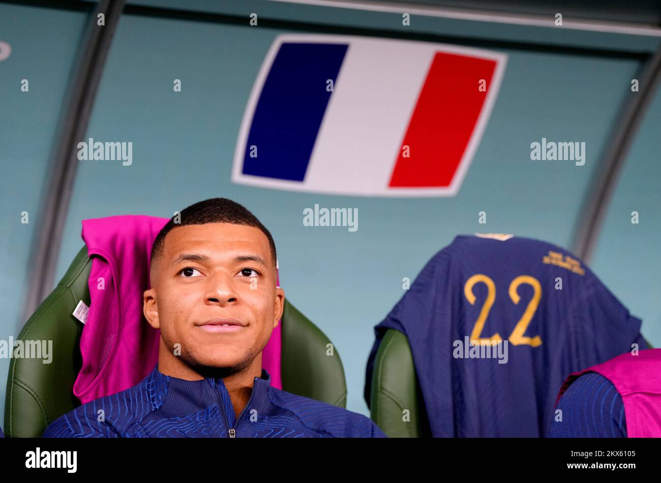 France's Kylian Mbappe sits on the bench during the FIFA World Cup ...